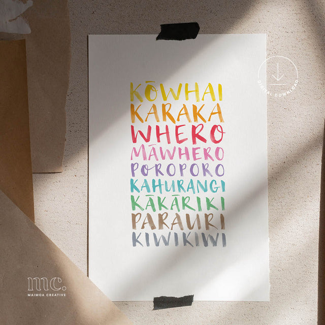 Ngā Tae — Te Reo Māori Colours Poster | Instant Download – Maimoa Creative